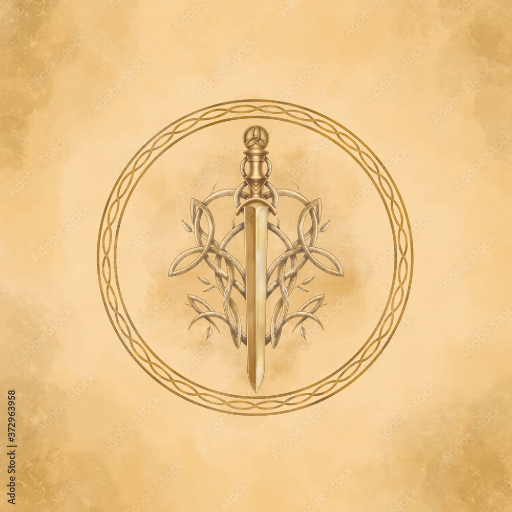 Antique Bronze Celtic Sword. Hand drawing digital illustration on old ...