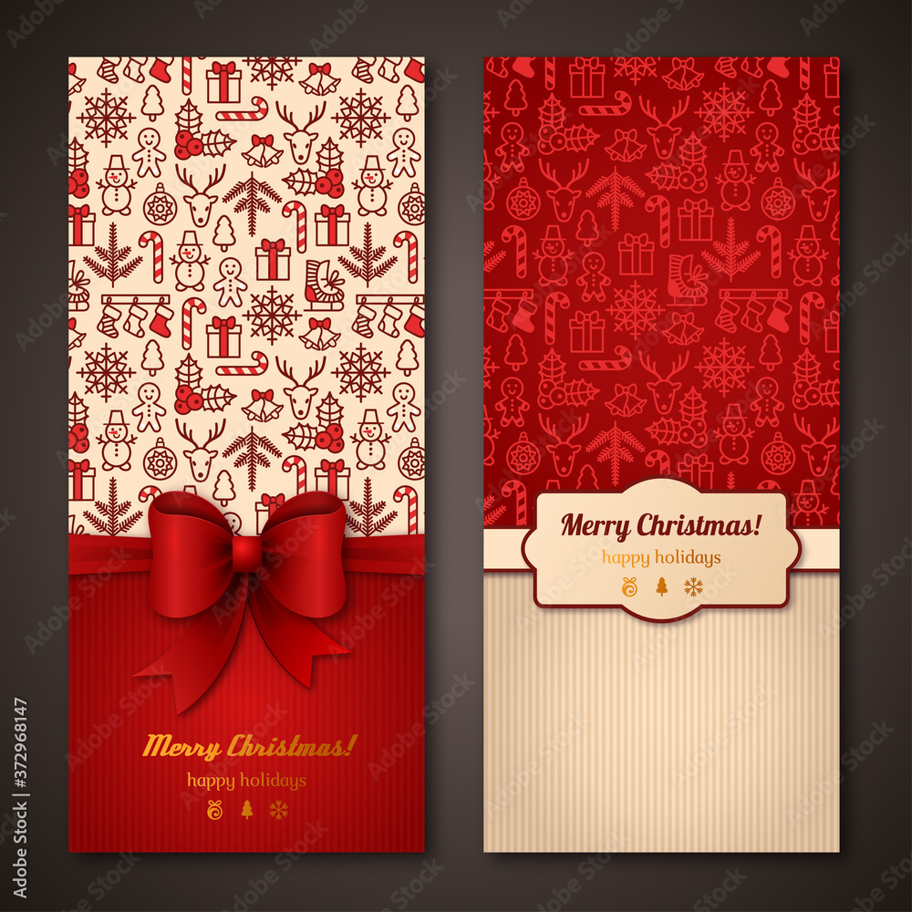 Christmas greeting cards with ribbon bow, pattern and label. Vector ...