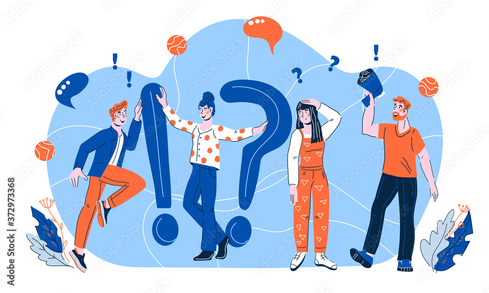 Frequently asked questions or FAQ illustration with people around ...