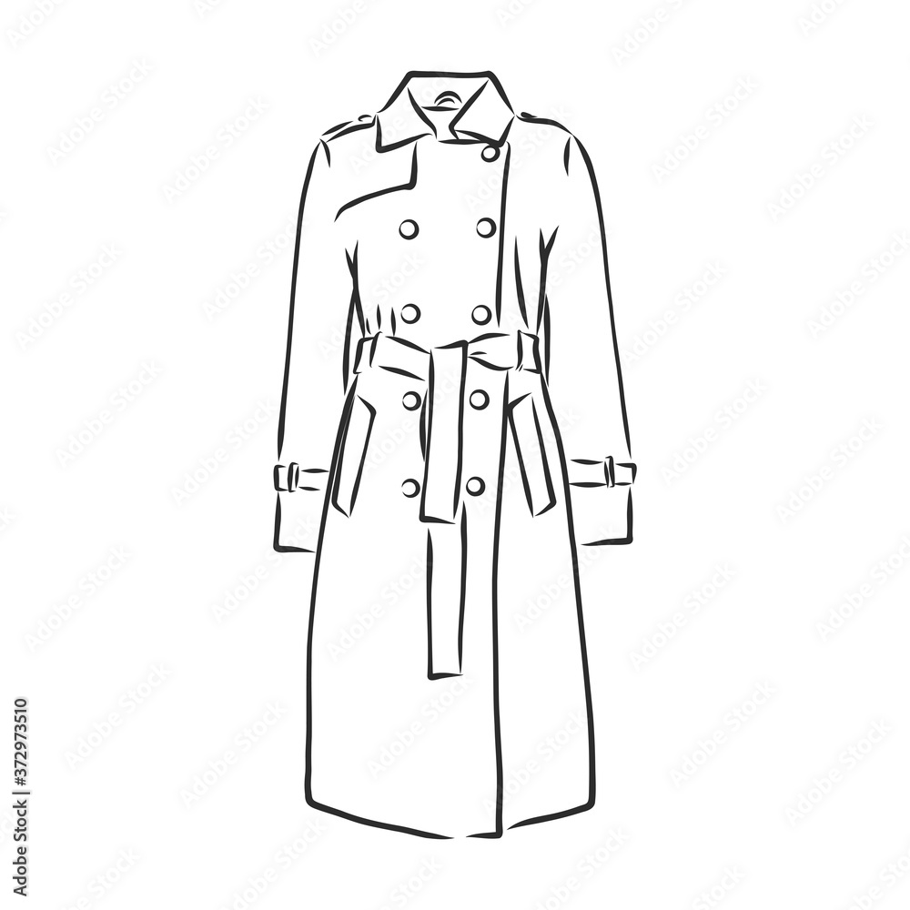 Raincoat. Monochrome sketch, hand drawing. Black outline on white ...