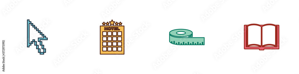 Set Pixel arrow cursor, Hotel building, Tape measure and Open book icon ...