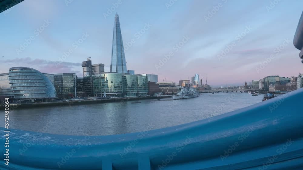 London Skyline Sunrise from Tower Bridge with City Hall, HMS Belfast, London Bridge, River ...