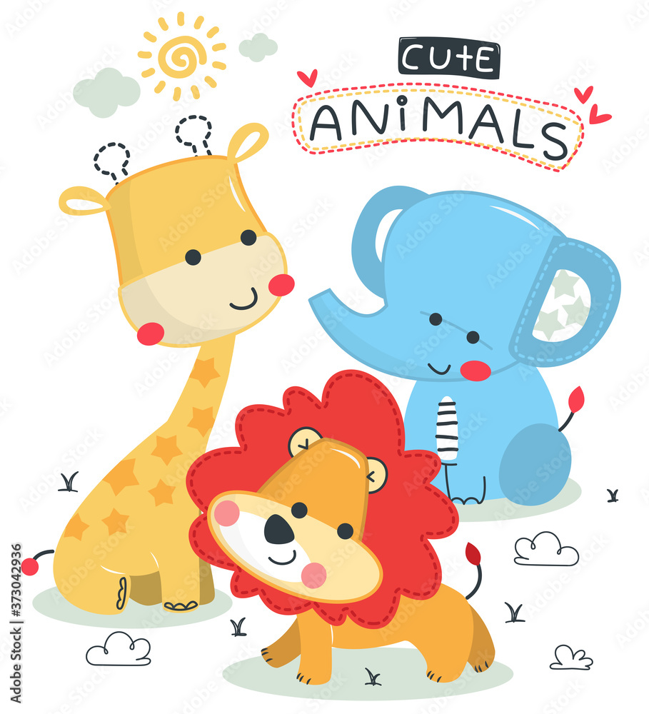 Cute Baby Animals With Giraffe, Lion, Elephant Isolated On White ...