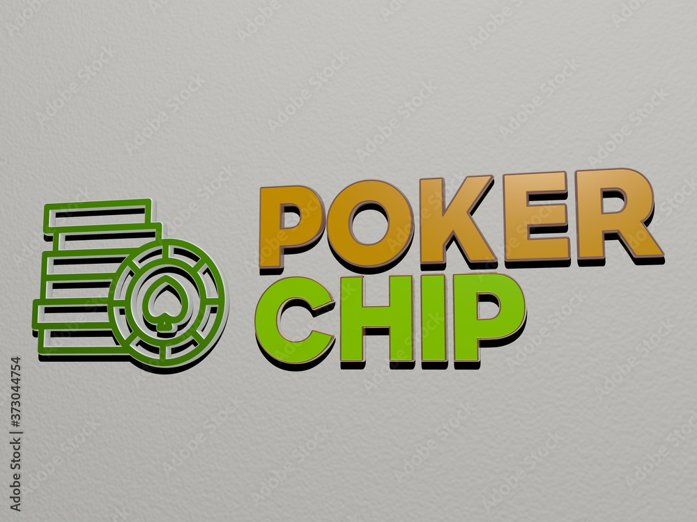 3D illustration of poker chip graphics and text made by metallic dice ...