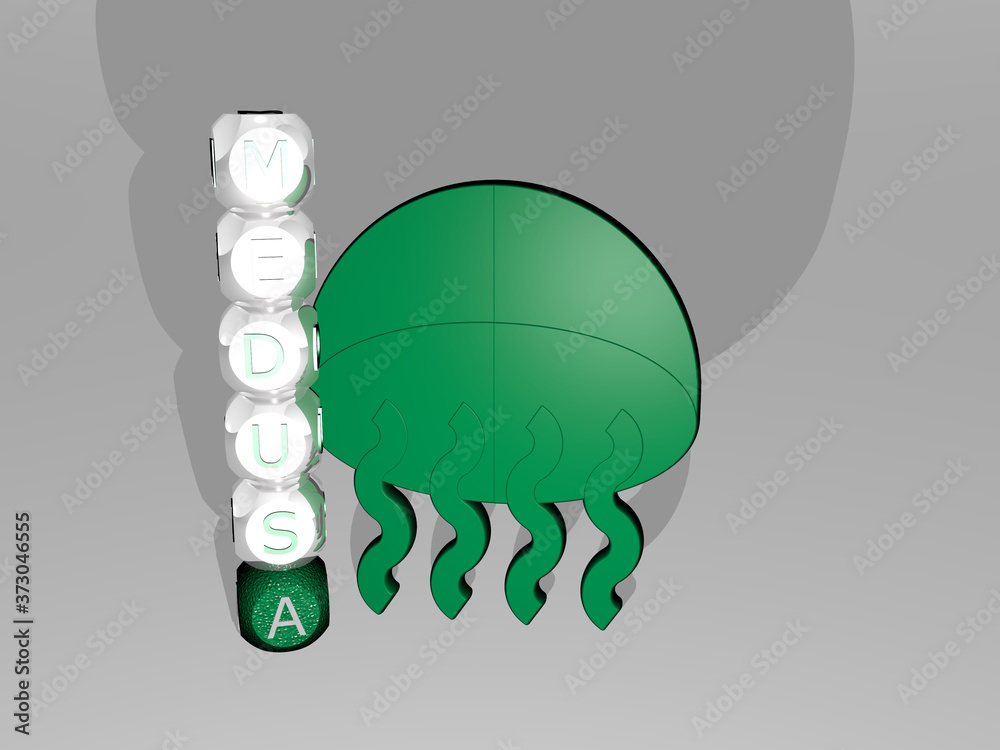 3D representation of medusa with icon on the wall and text arranged by ...
