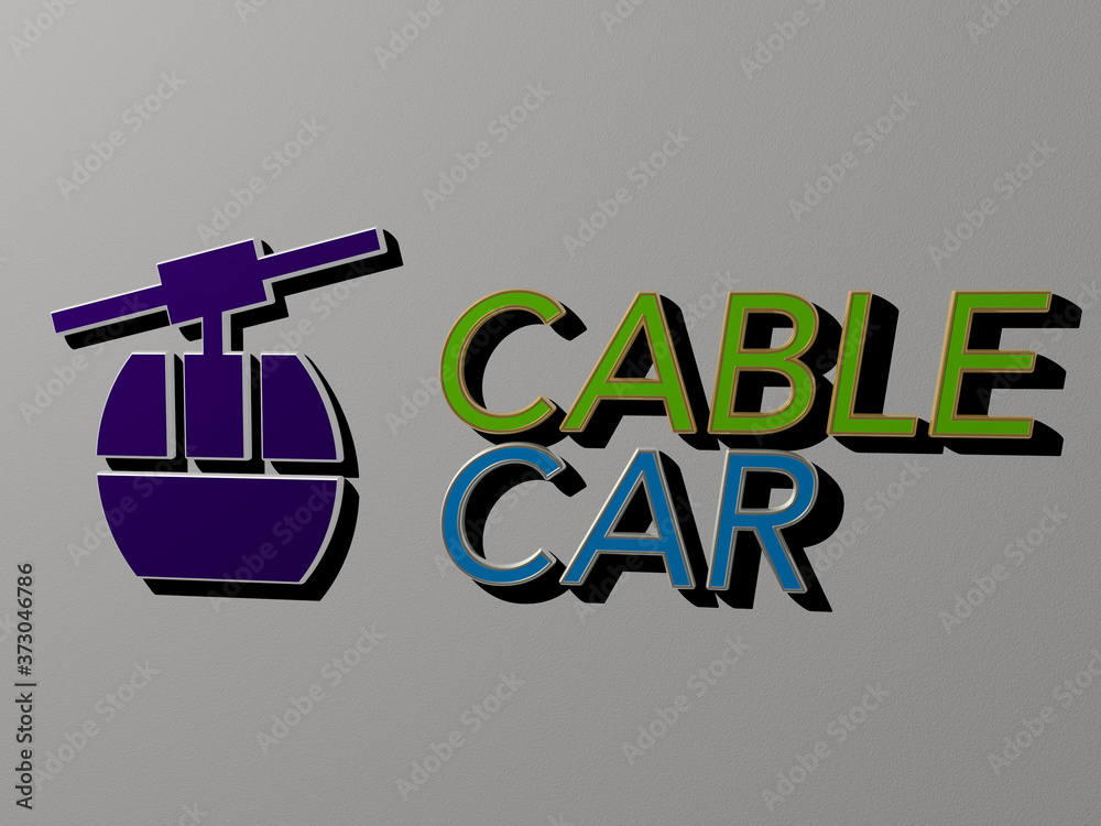 3D illustration of CABLE CAR graphics and text made by metallic dice ...