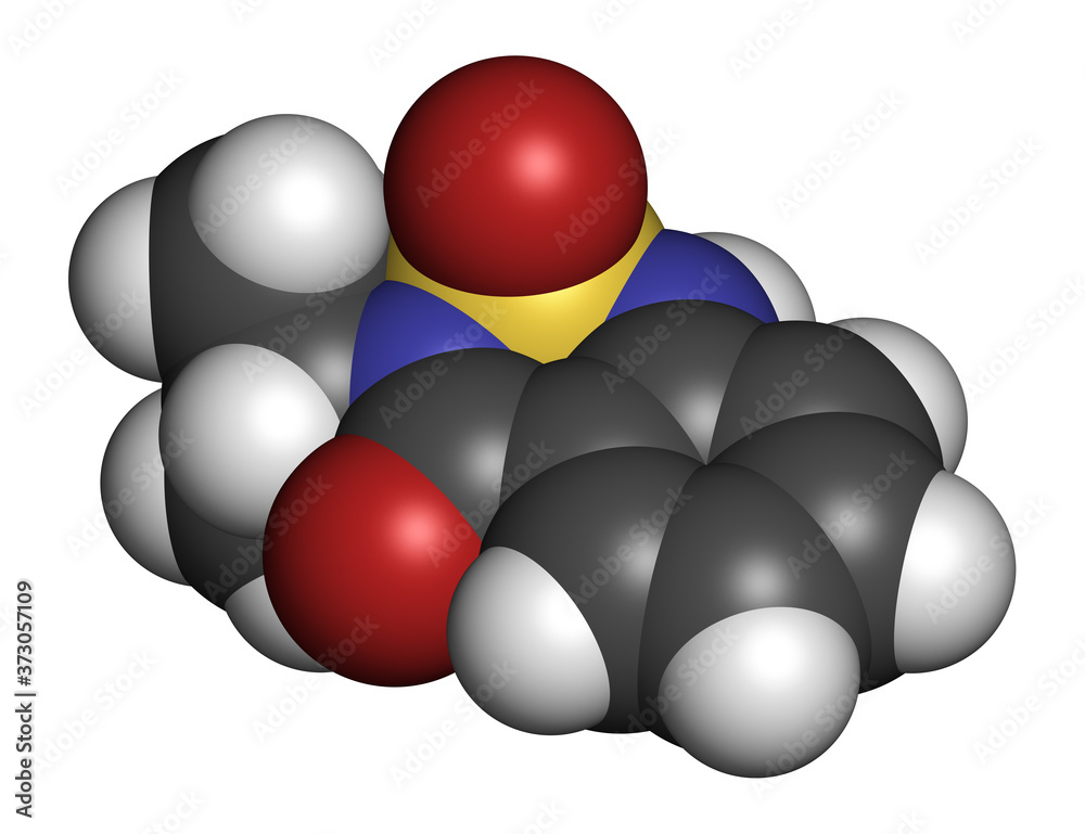 Bentazon herbicide molecule. 3D rendering. Atoms are represented as ...