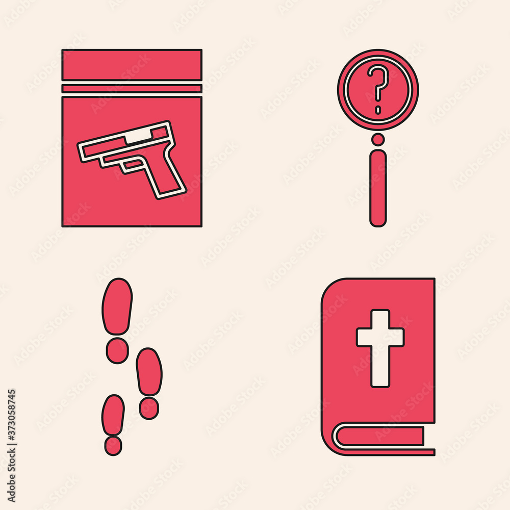 Set Holy bible book, Evidence bag and pistol or gun, Magnifying glass ...