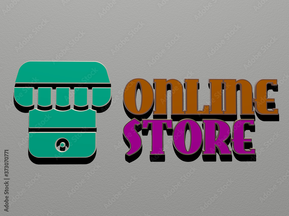 3D illustration of online store graphics and text made by metallic dice ...