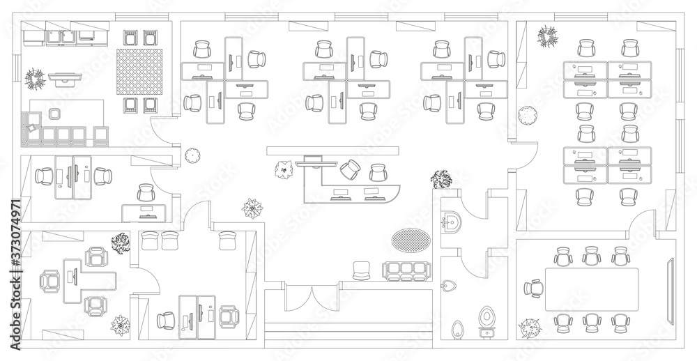 Office. Top view. Working space. Office room, meeting room, reception ...