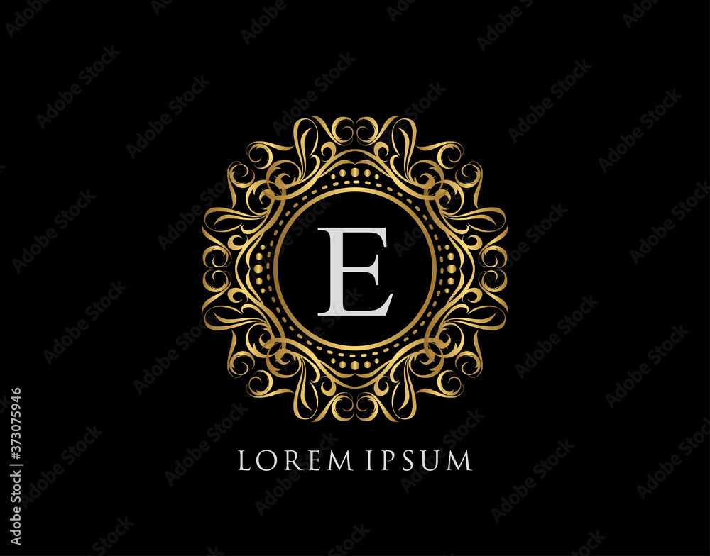 Calligraphic Badge with Letter E Design. Ornamental luxury golden logo ...