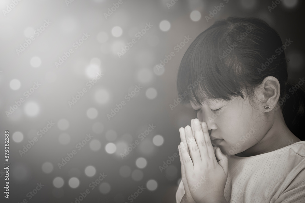 Asian face Child praying and worship to GOD Using hands to pray in ...