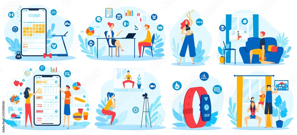 Online sport training vector illustration set. Cartoon flat active ...