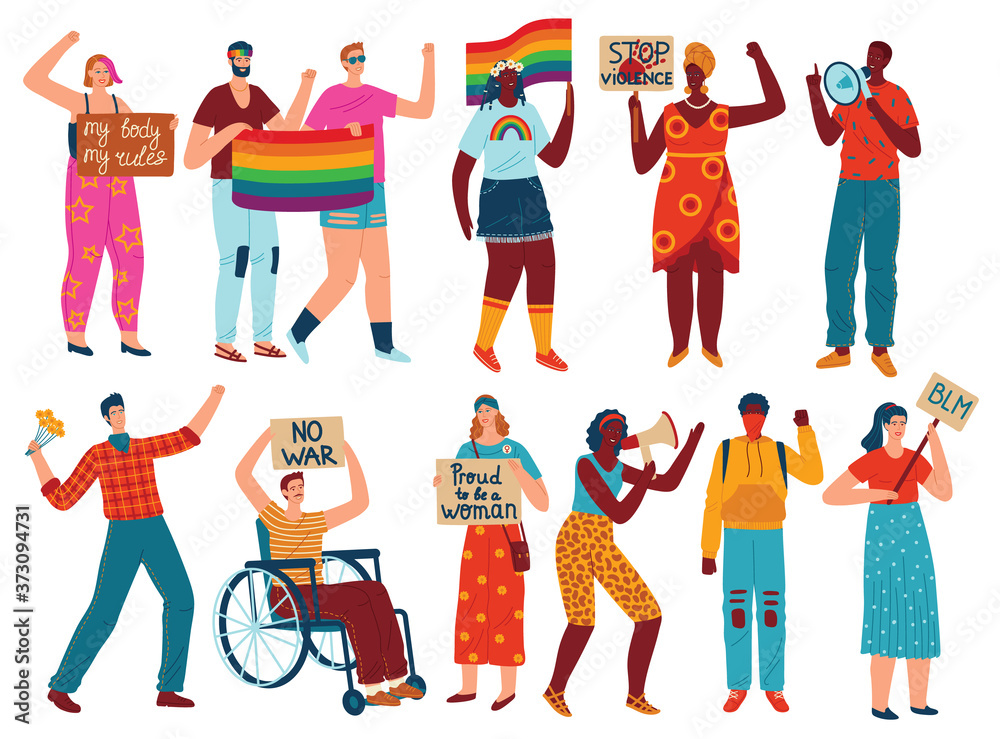 Protest people vector illustration set. Cartoon flat protester ...