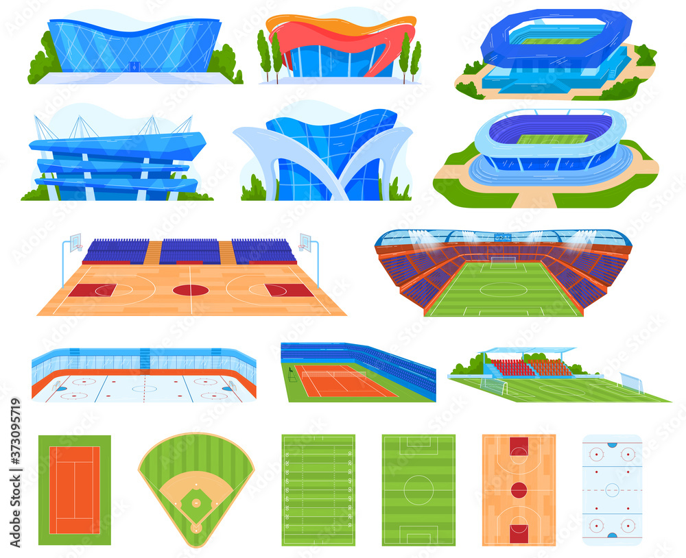 Sports stadium vector illustration set. Cartoon flat indoor or outdoor ...