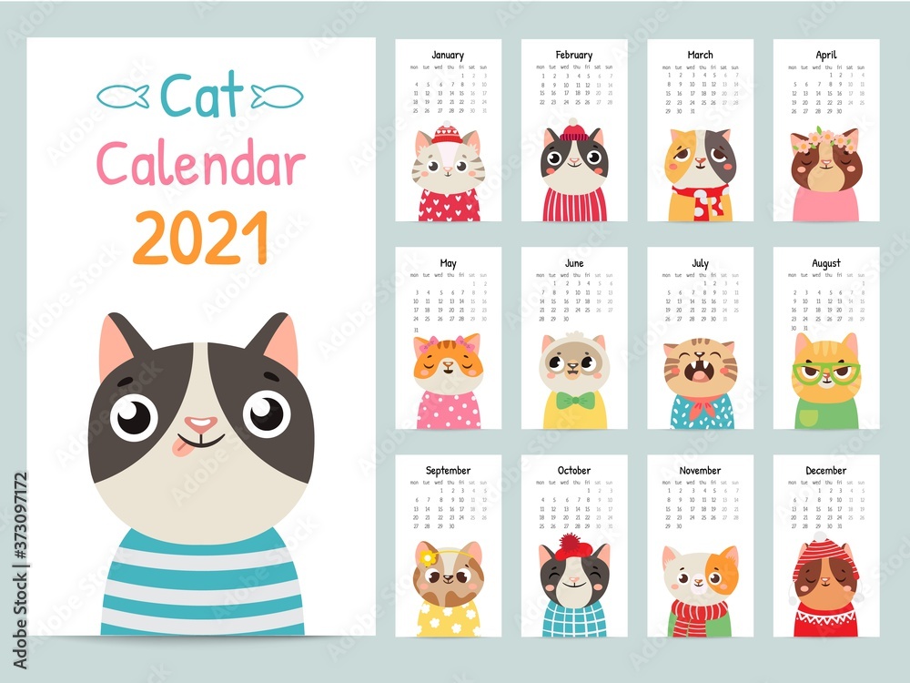 Cat calendar. Color gift 2021 calendar with cute cats. Funny kitty ...