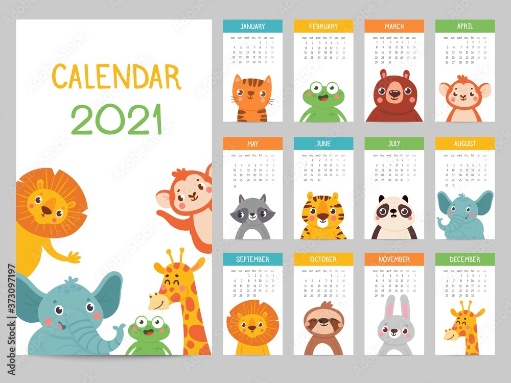 Animals calendar 2021. Cute monthly calendar with different animals ...