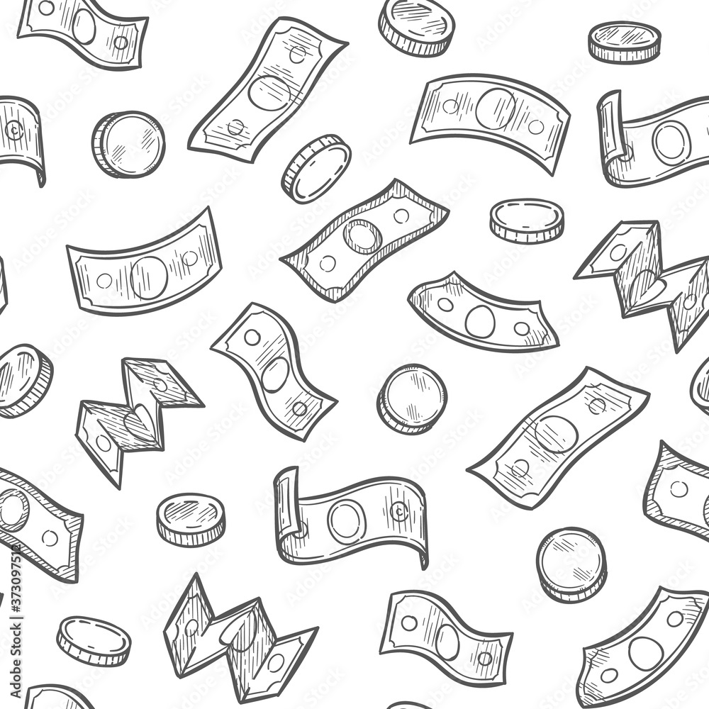 Money rain seamless pattern. Sketch dollar banknotes and coins, falling ...
