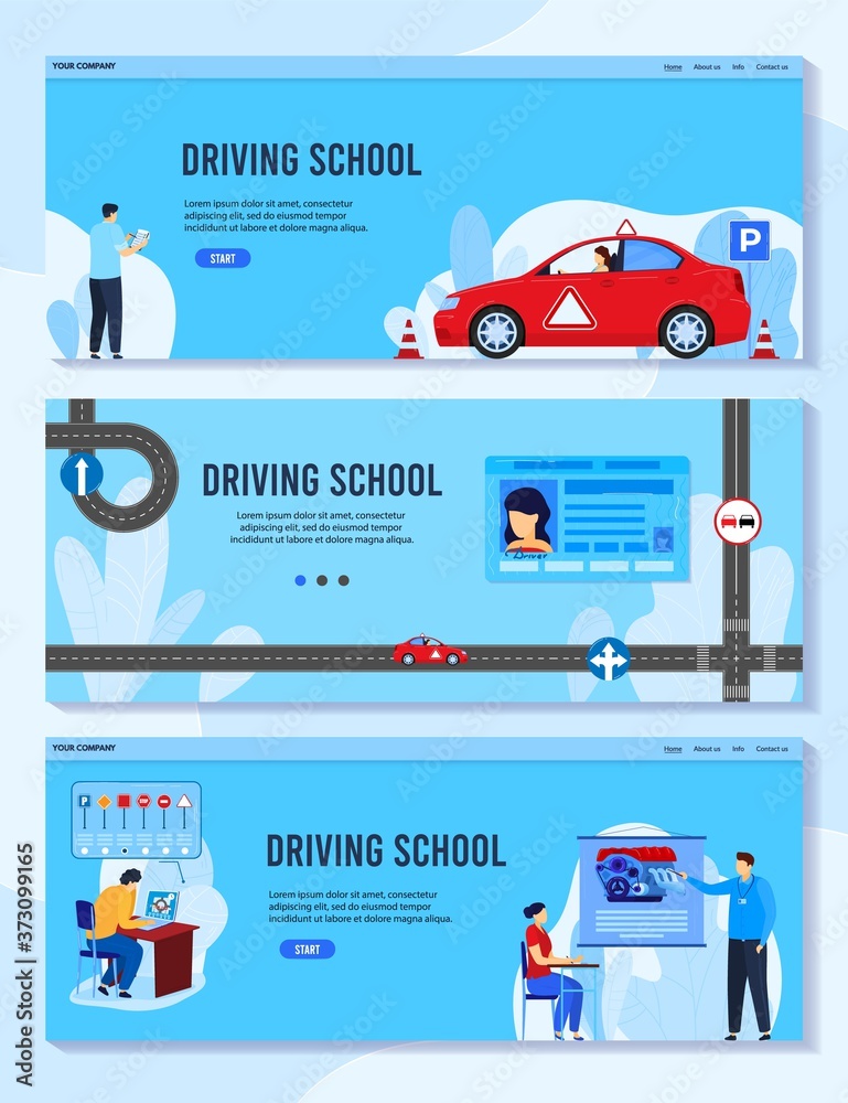 Driving auto school vector illustrations. Cartoon flat student man ...