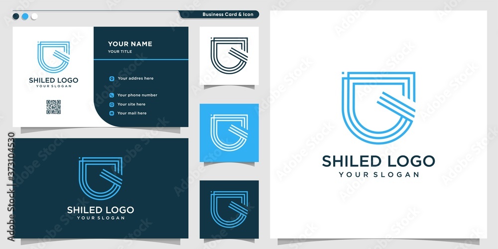 Shield logo with curve line art style and business card design template ...