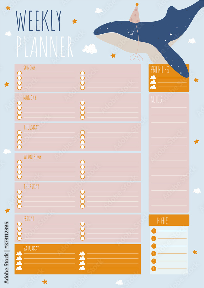 Weekly planner. Cute kids rainbow school planner. Baby cartoon rainbow ...
