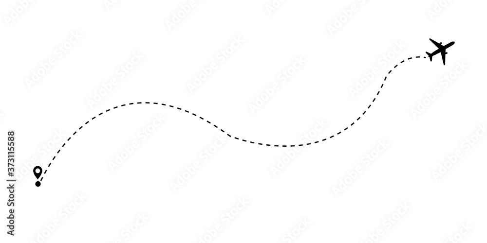 Airplane line path vector icon of air plane flight route with start ...