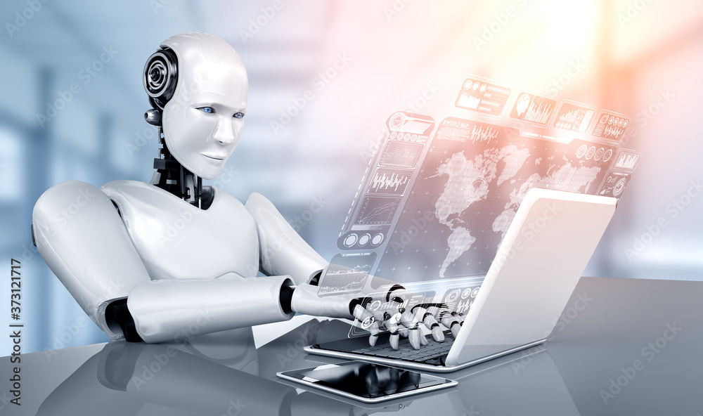 Robot humanoid use laptop and sit at table for big data analytic using ...