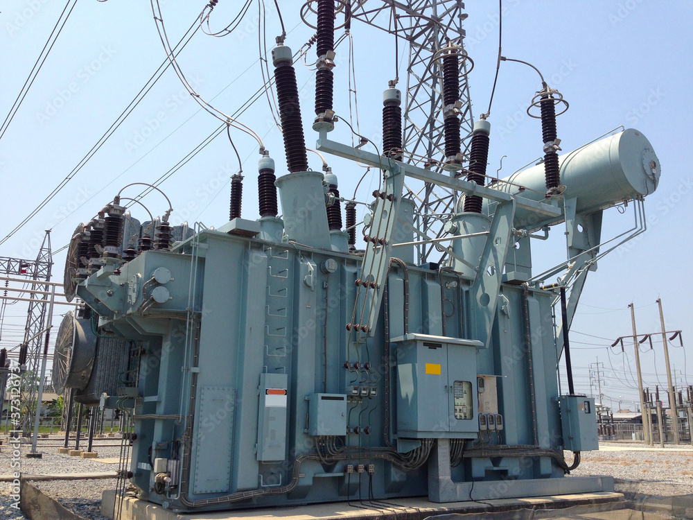 High voltage power transformer in switchyard and electrical power ...