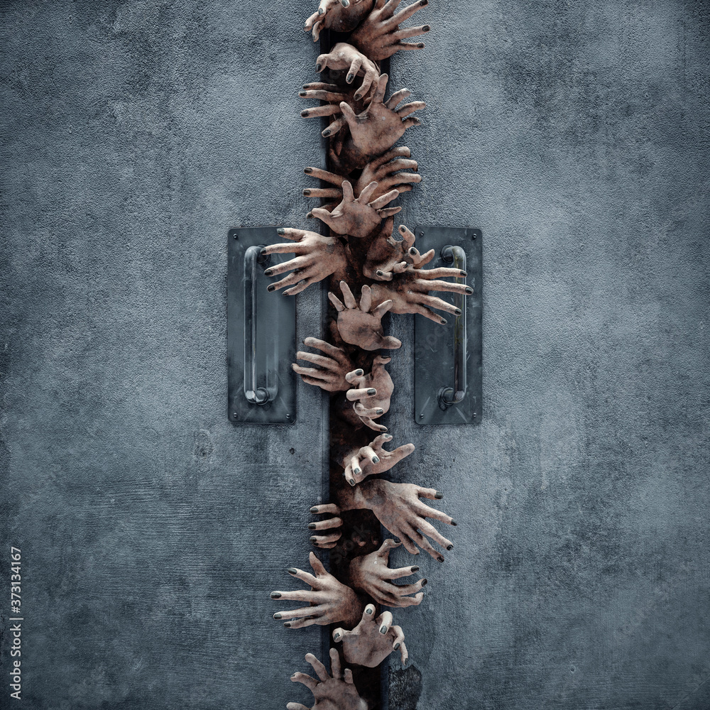 Zombie horror hands Halloween door / 3D illustration of gnarled undead ...