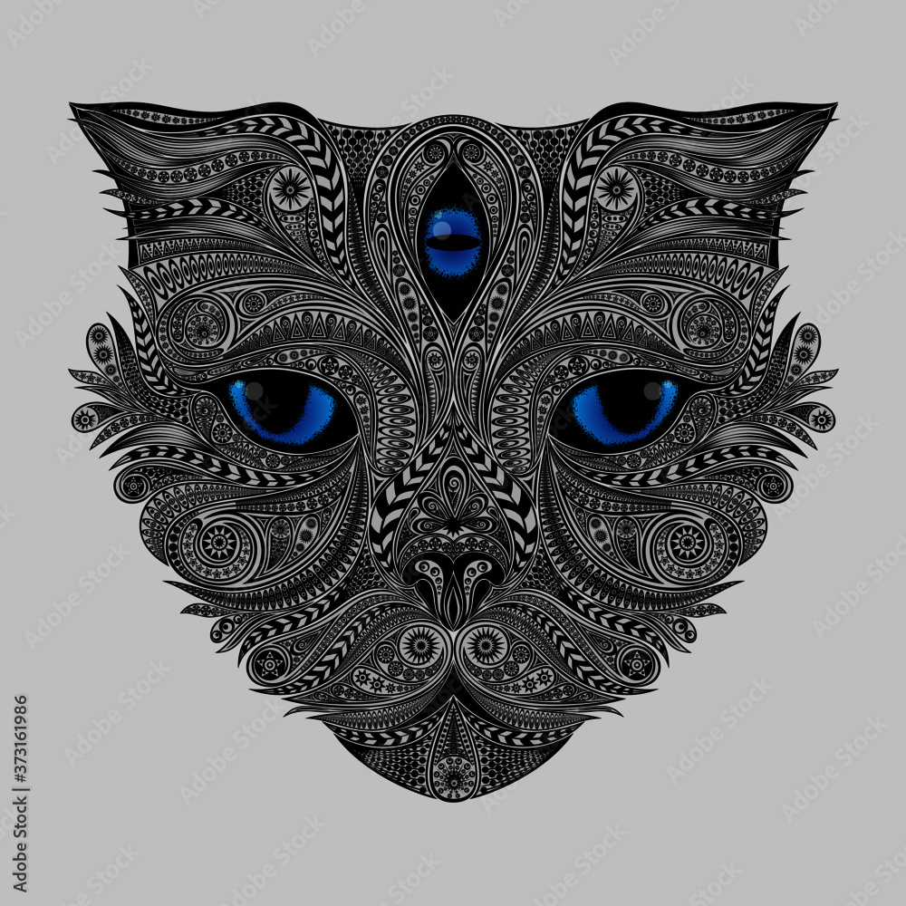 Vector blue-eyed cat with a third eye from patterns in the zentangle ...