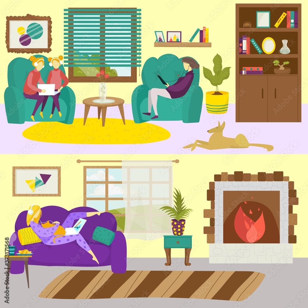 Home room interior with flat woman man people chracter, vector ...