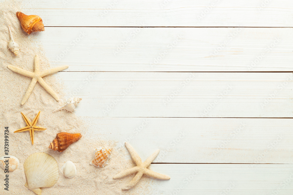 Summer background with beach objects - starfish, seashell on white wood ...