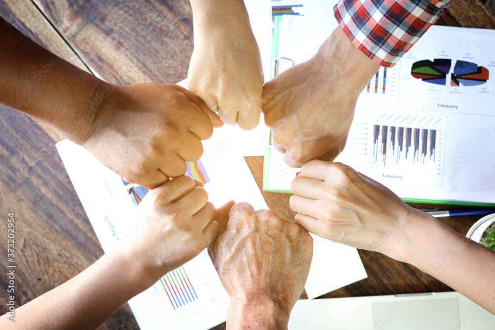 Four hand up of people working assemble corporate meeting show symbol ...