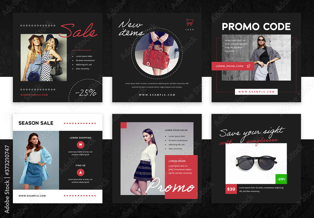 Dark Social Media Post Layouts with Red Accent Stock Template | Adobe Stock