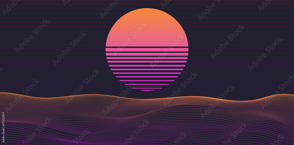 Synthwave background with retro sun and 3d grid landscape. Vector ...