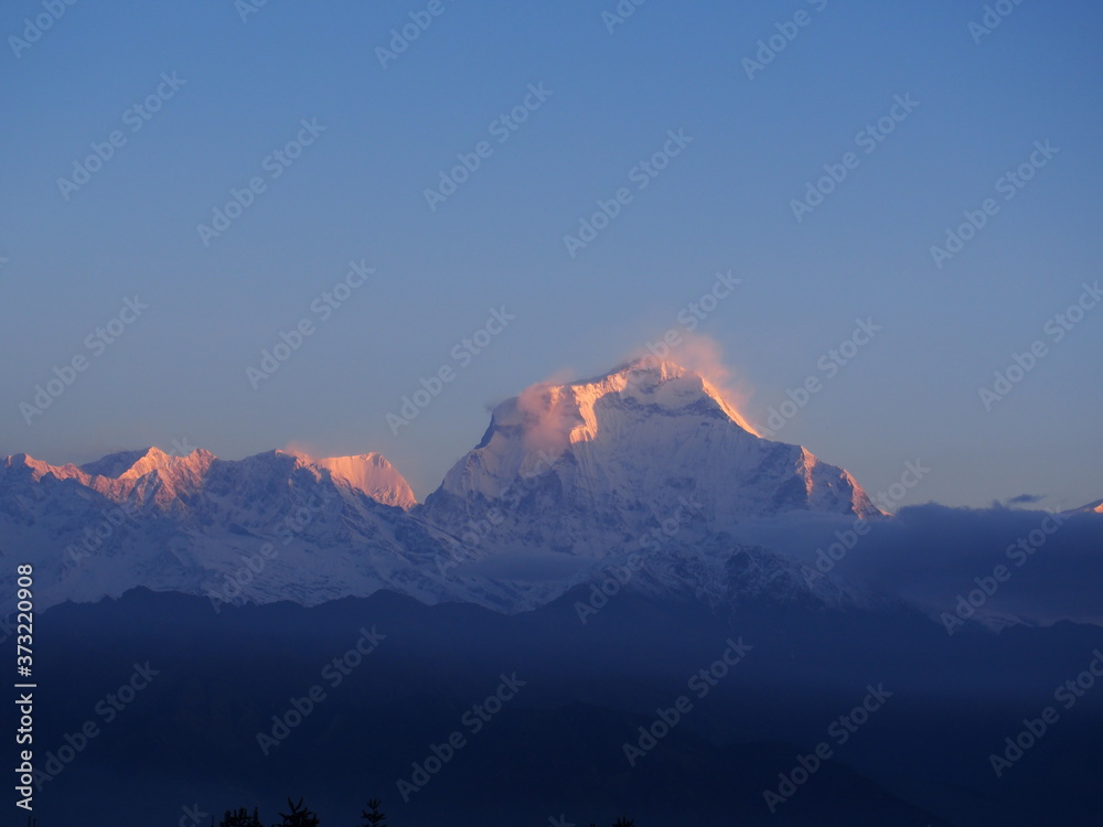 A hill station "Poon Hill" overlooking the Annapurna Massif range and ...