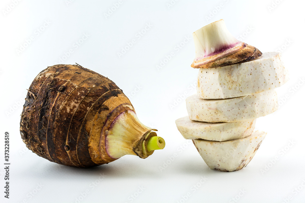 Taro sliced with white background./ Taro root on white background ...