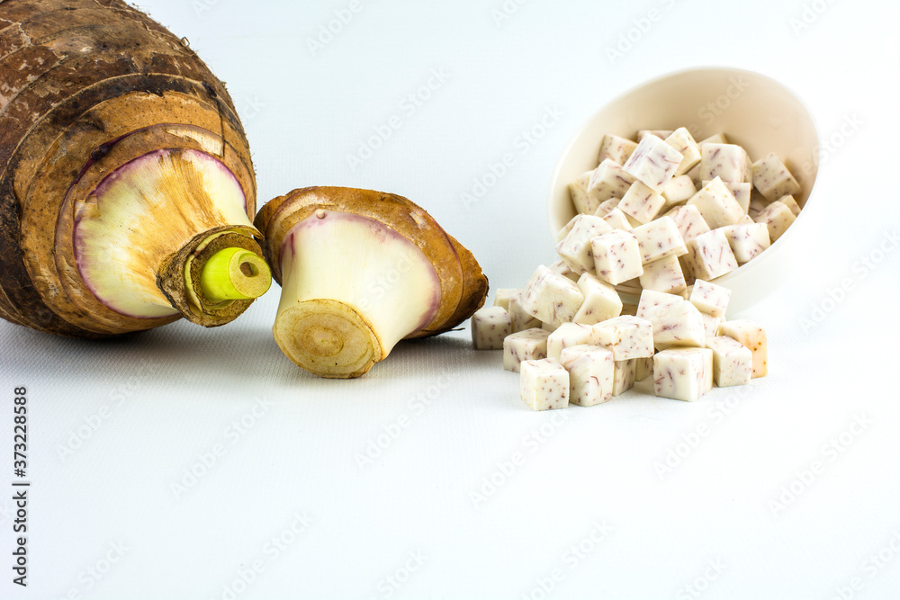 Taro sliced with white background./ Taro root on white background ...