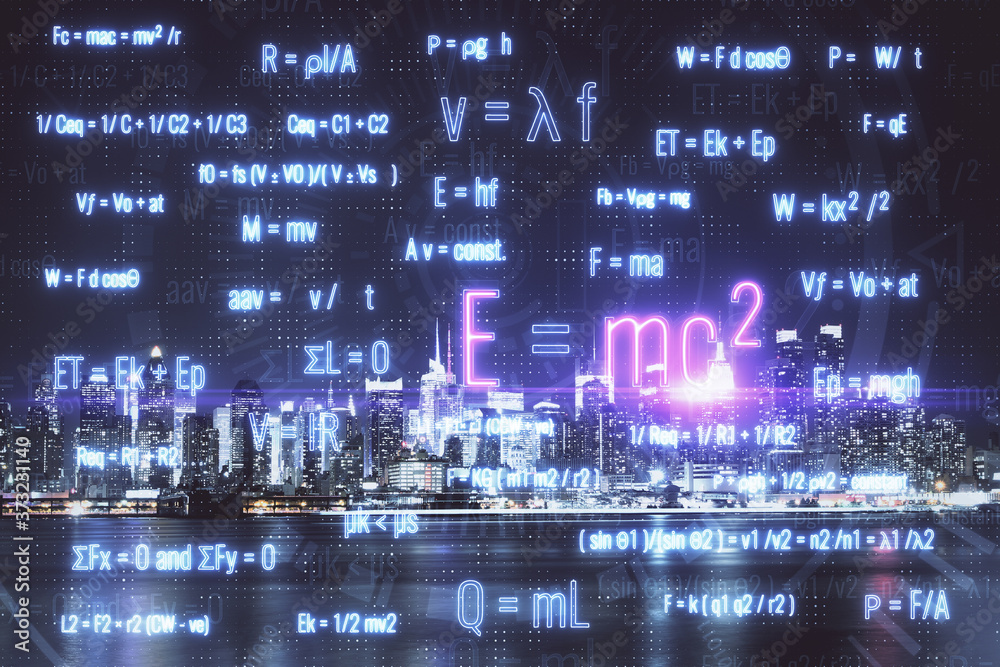 Double exposure of sience formula drawing and cityscape background ...