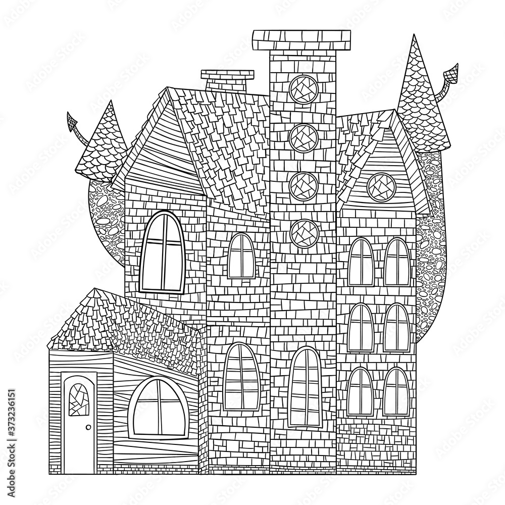 House in gothic style outline in black color on white background, stock ...