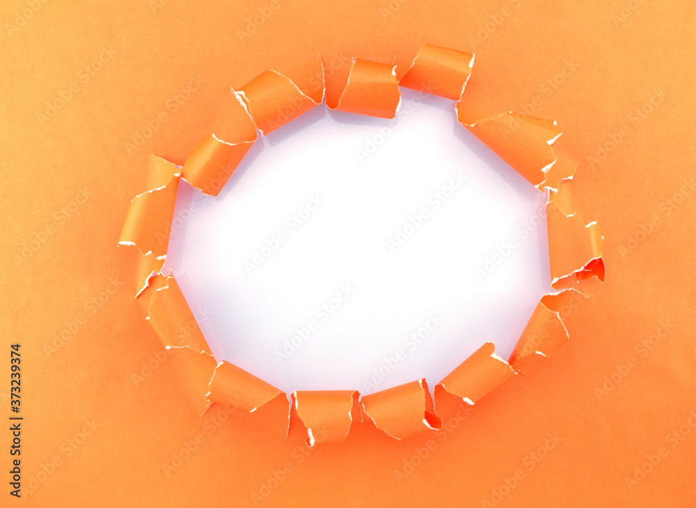 Ripped open orange paper background,space for your message on white ...
