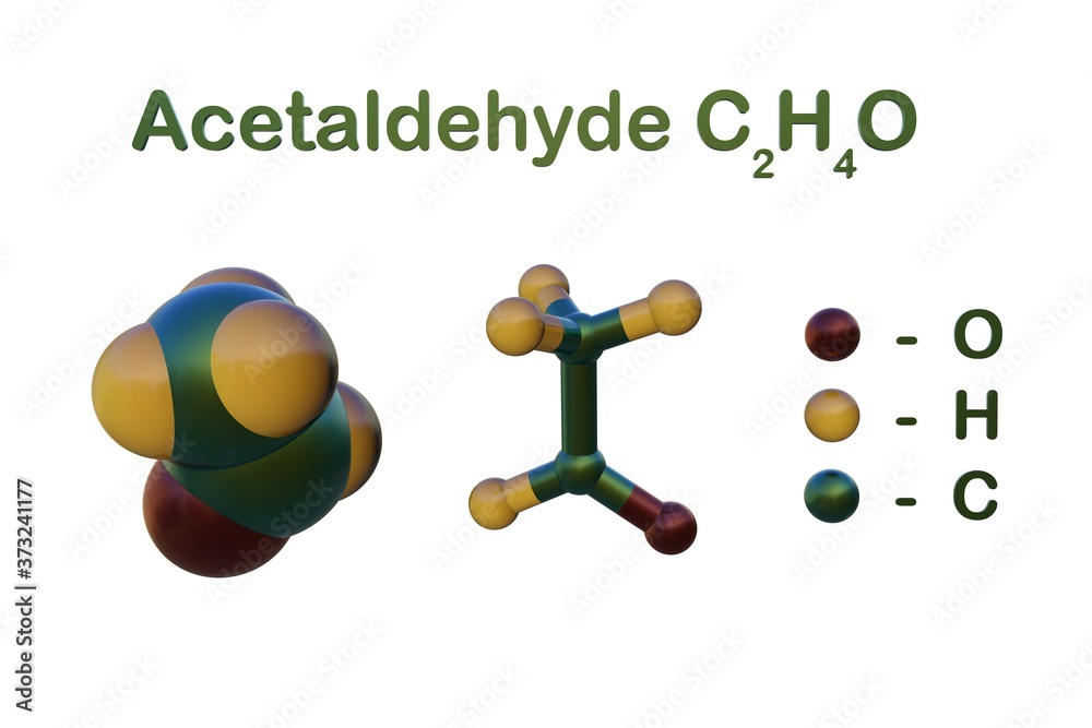 Structural chemical formula and molecular model of acetaldehyde, an ...