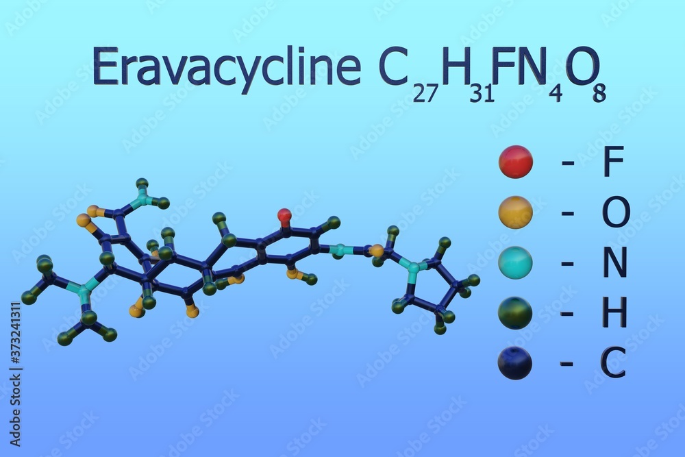 Structural chemical formula and molecular model of eravacycline, a ...