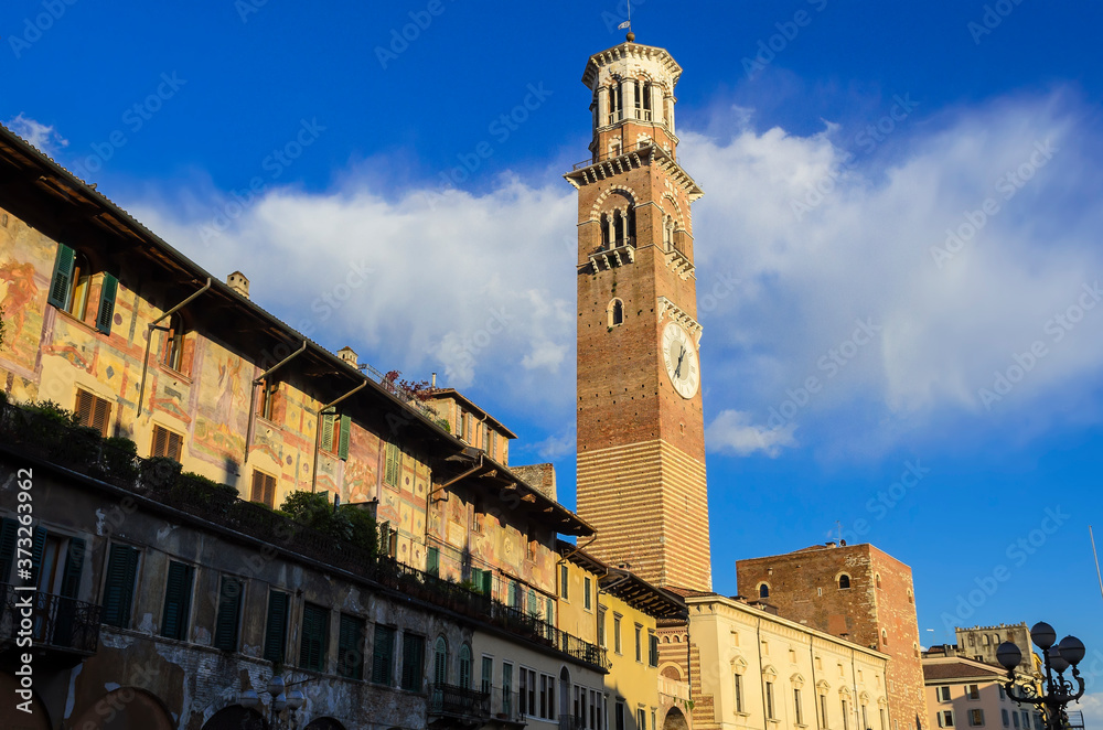 Verona, Piazza Erbe, Lamberti Tower (Torre dei Lamberti) .Verona ...