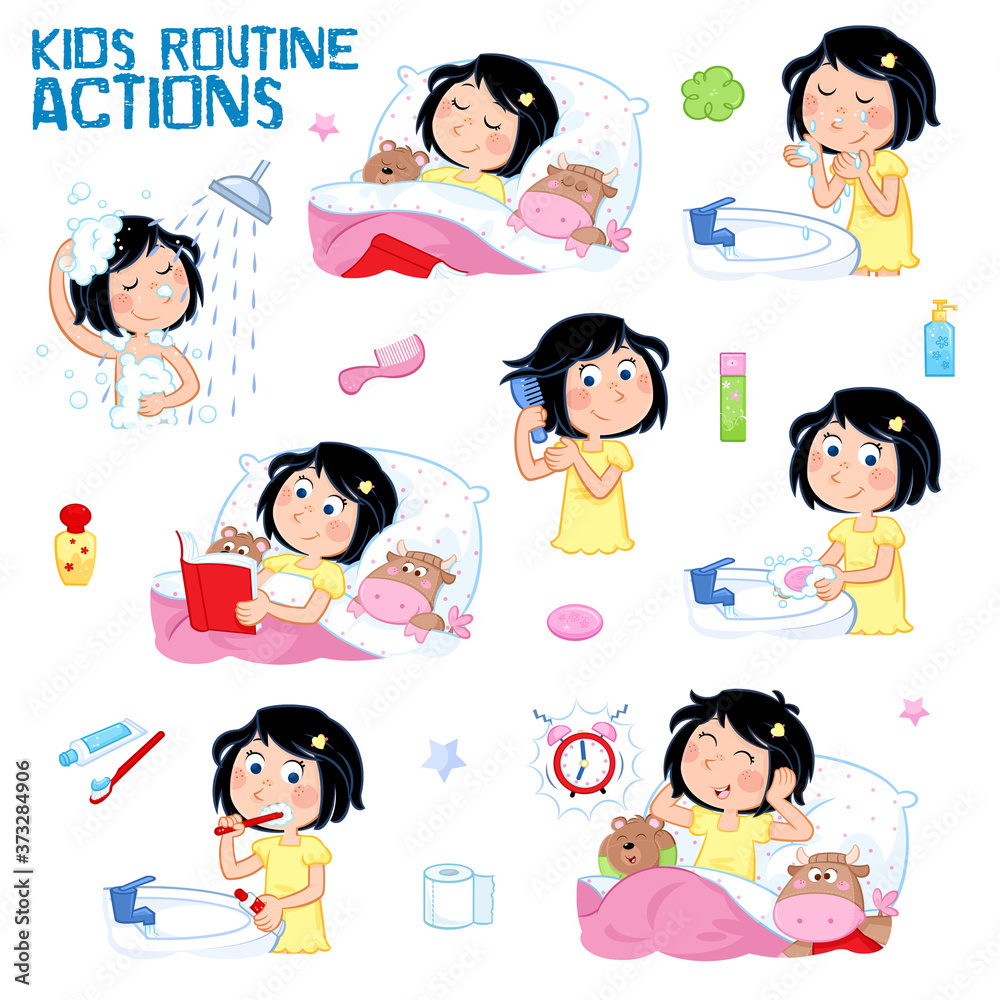Kids and hygiene - Daily routine of a little girl with dark hair - Set ...