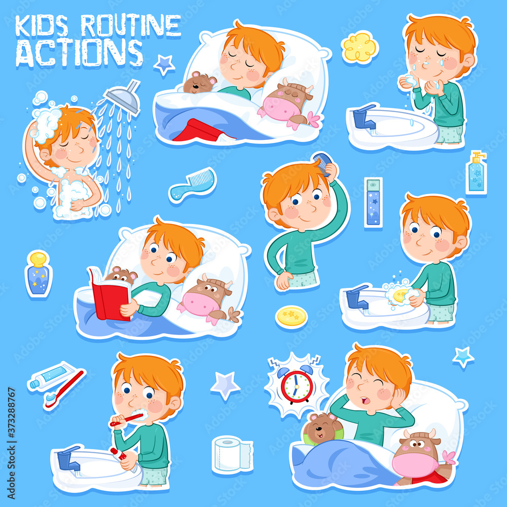 Kids - Daily routine actions of a little boy with ginger hair - Set of ...