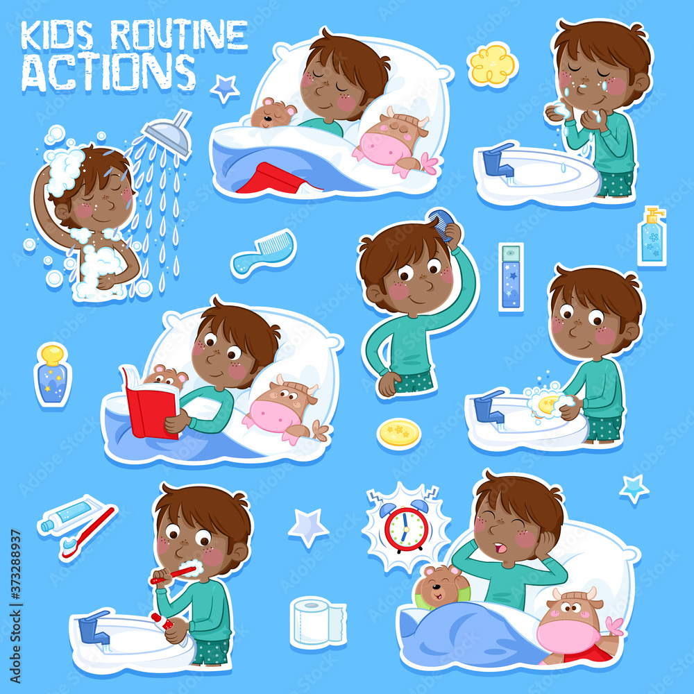 Multicultural - Daily routine actions of a little black boy with dark ...