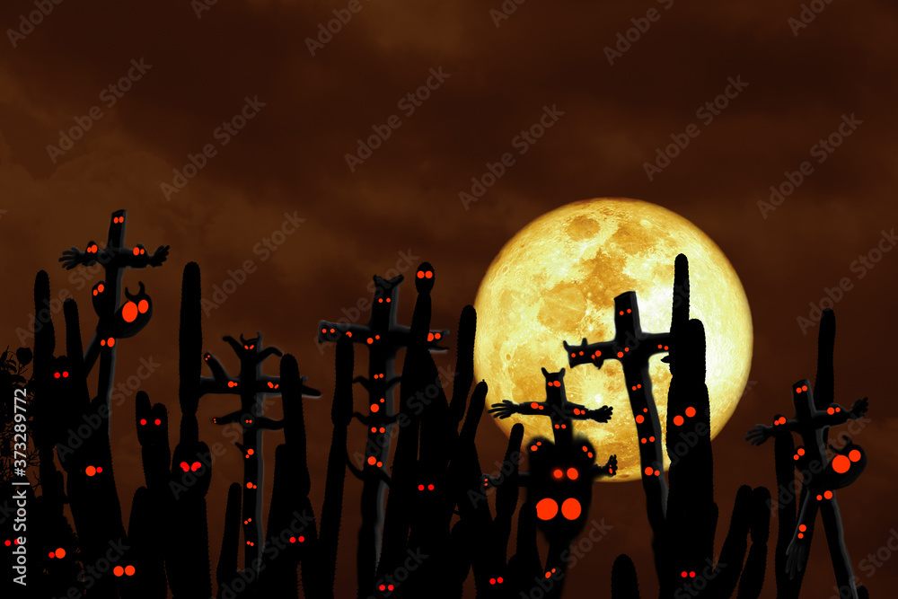 Full blood moon and silhouette cactus tree in the desert on night sky ...