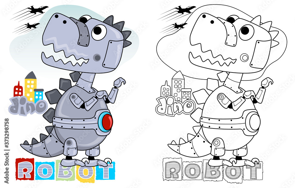 vector illustration of dino robot cartoon, coloring book or page Stock ...
