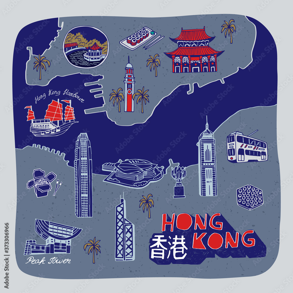 Illustrated map of Hong Kong. Set of symbols and elements of ...